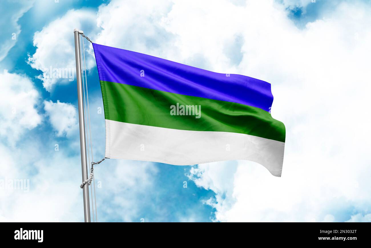 Komi flag waving on sky background. 3D Rendering Stock Photo - Alamy