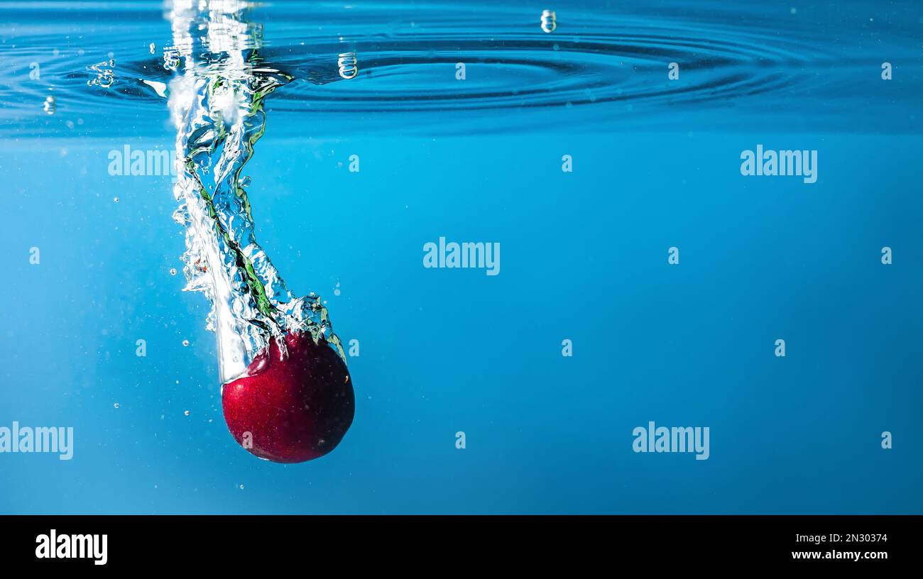 ripe cherries fall into the water raising splashes and air bubbles ...