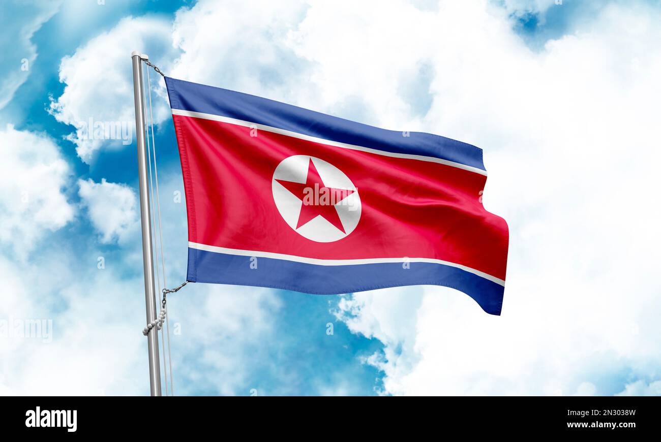 Korea North flag waving on sky background. 3D Rendering Stock Photo - Alamy