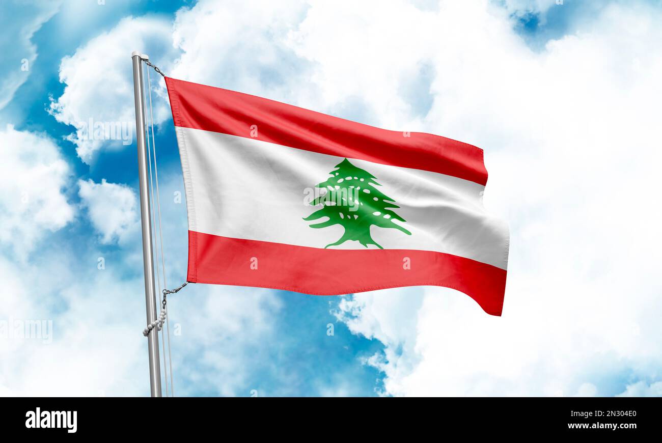 Lebanon flag waving on sky background. 3D Rendering Stock Photo - Alamy