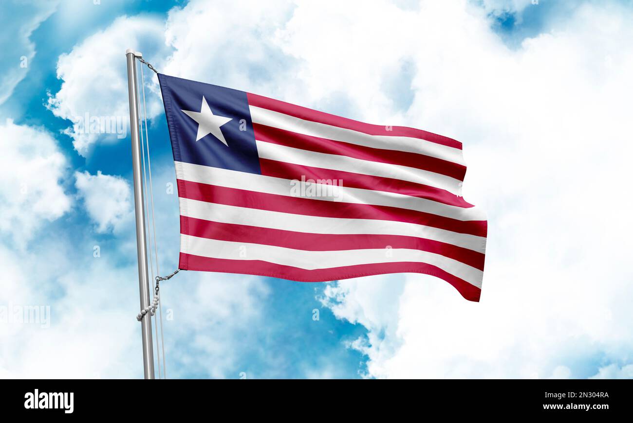Liberia flag waving on sky background. 3D Rendering Stock Photo - Alamy