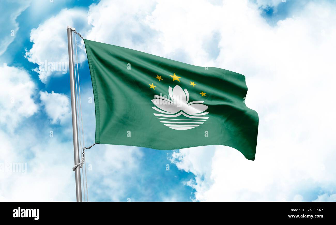 Macau flag waving on sky background. 3D Rendering Stock Photo - Alamy