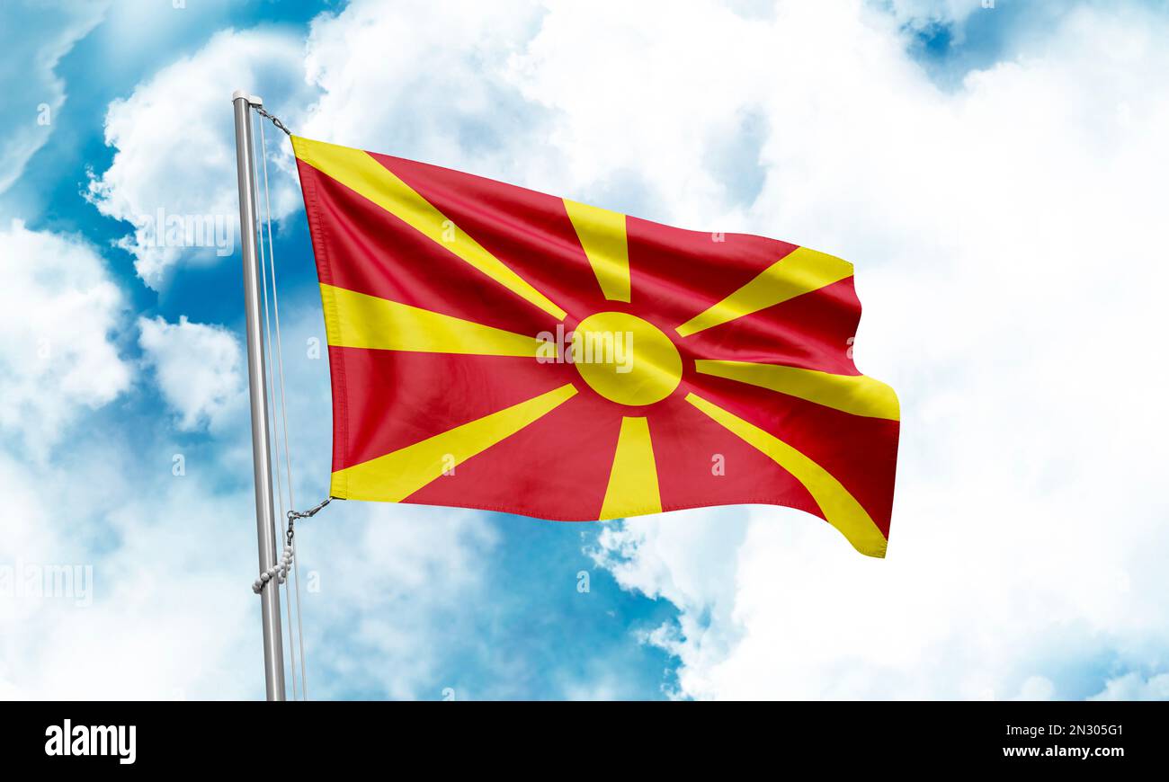 Macedonia flag waving on sky background. 3D Rendering Stock Photo - Alamy