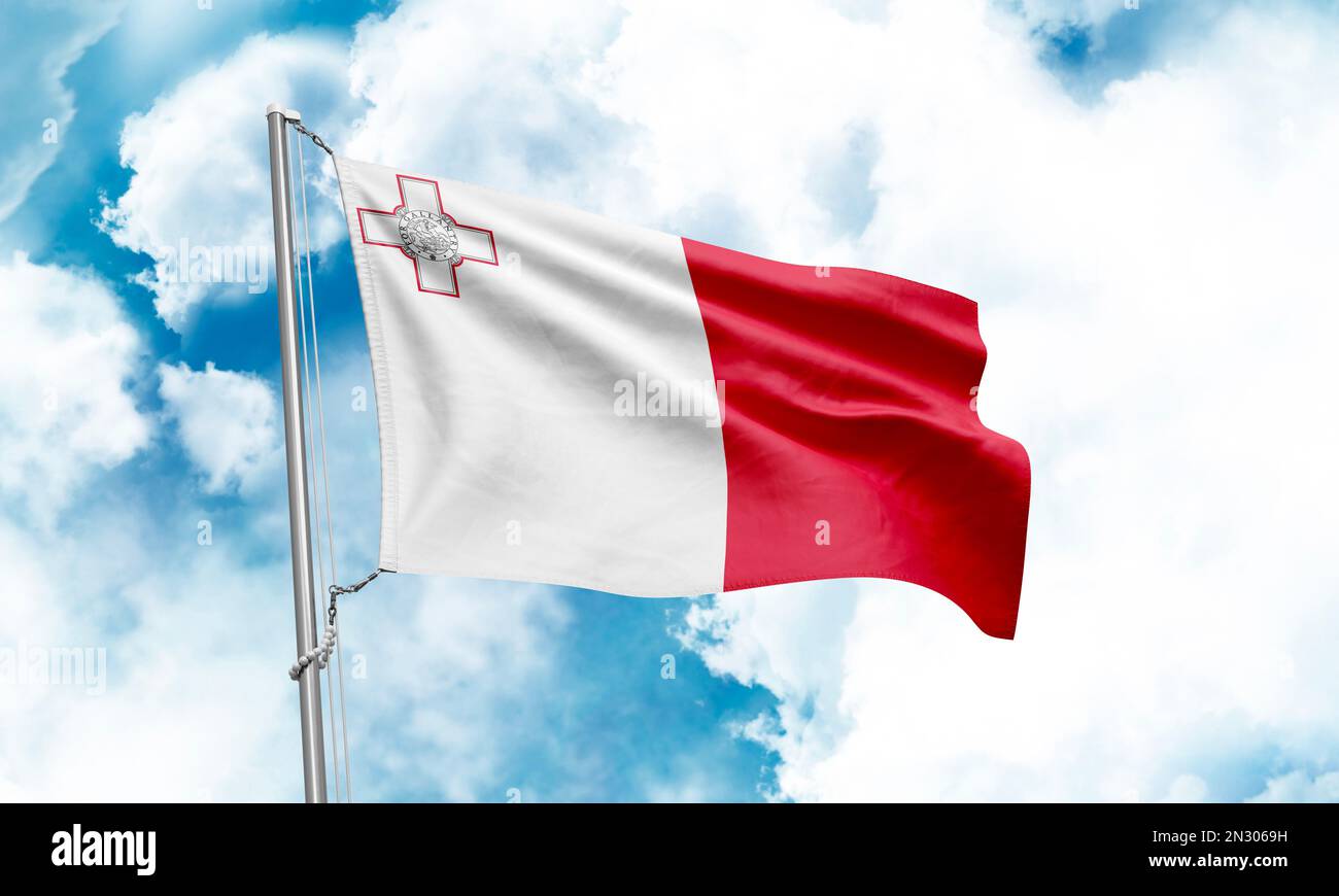 Malta flag waving on sky background. 3D Rendering Stock Photo - Alamy