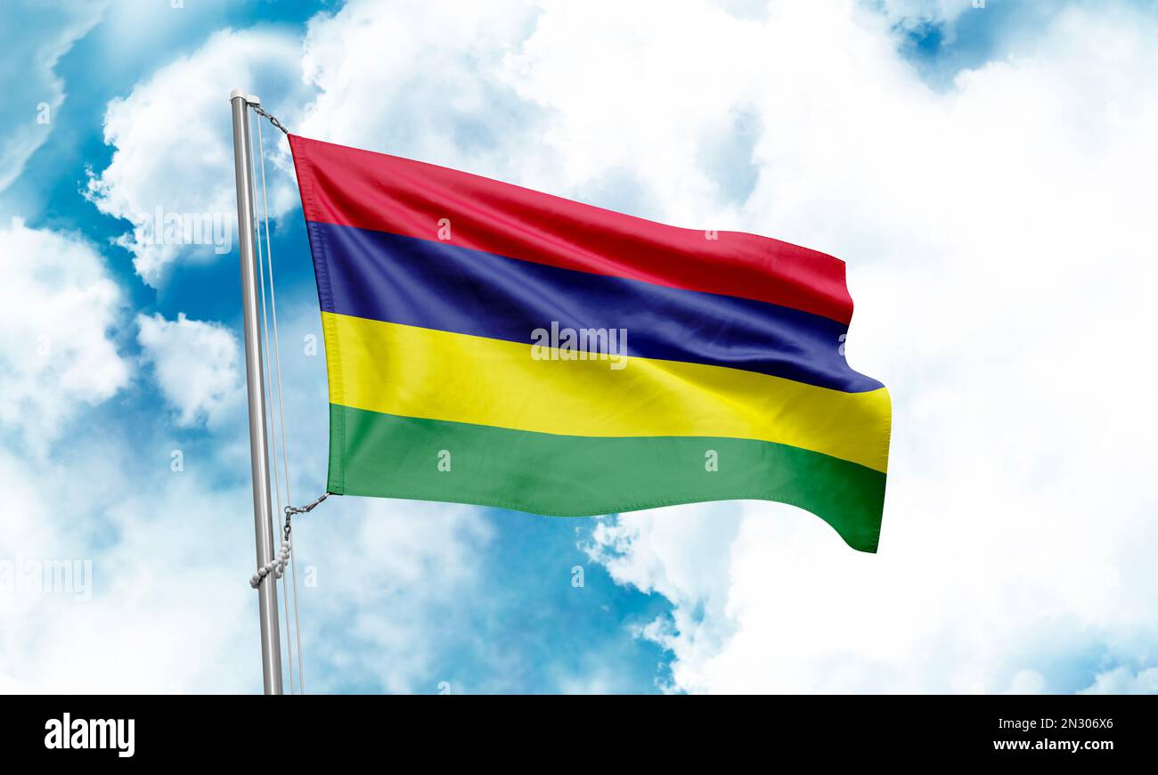 Mauritius flag waving on sky background. 3D Rendering Stock Photo - Alamy