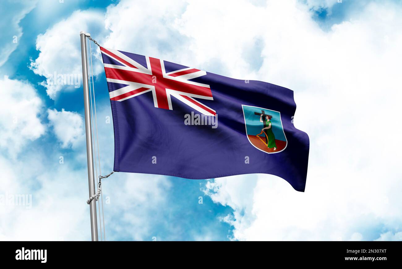Montserrat flag waving on sky background. 3D Rendering Stock Photo - Alamy