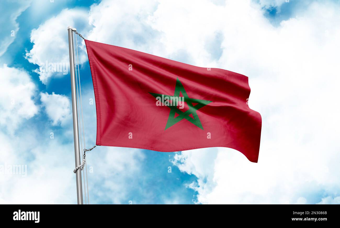 Morocco flag waving on sky background. 3D Rendering Stock Photo - Alamy
