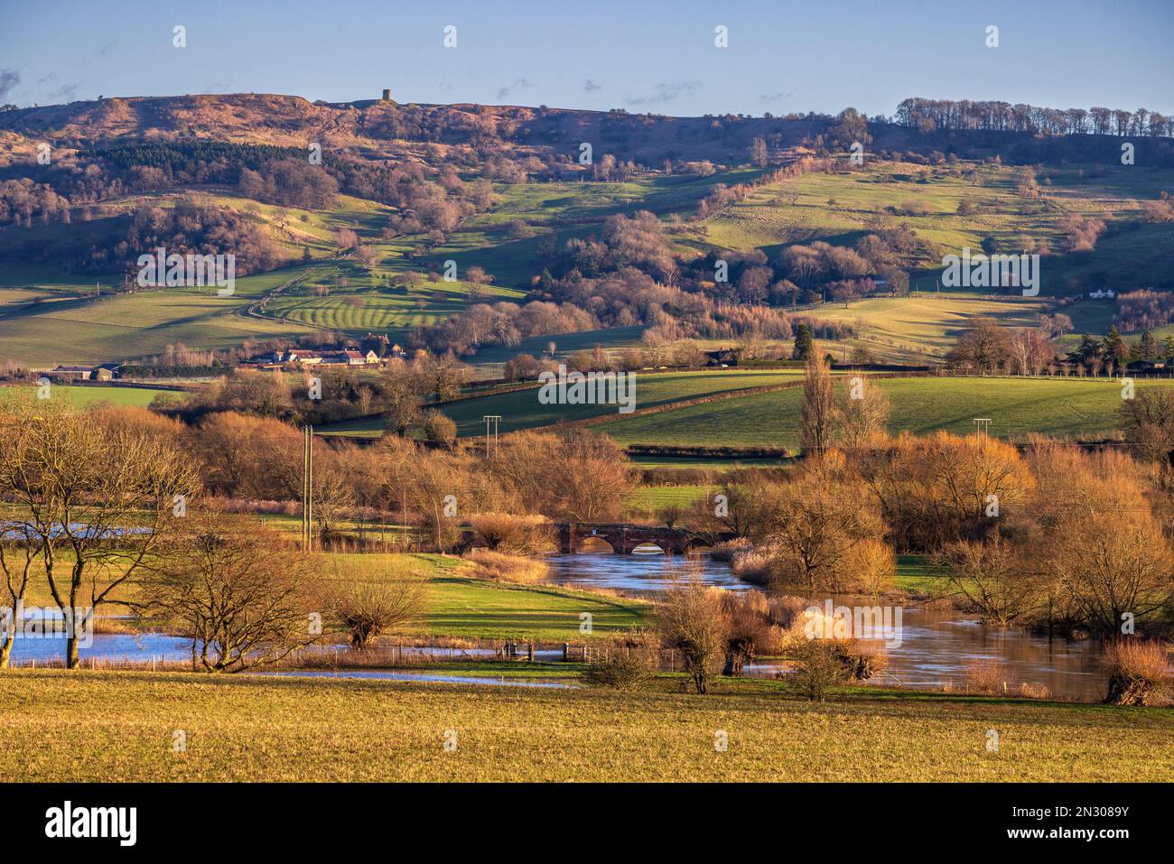 Bredon Hill Tower and Eckington Bridge over the River Avon in the ...