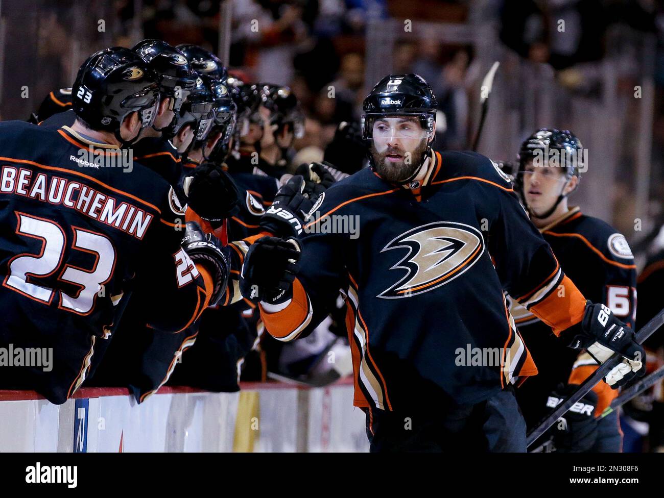 Anaheim Ducks left wing Patrick Maroon, right, celebrates his goal ...