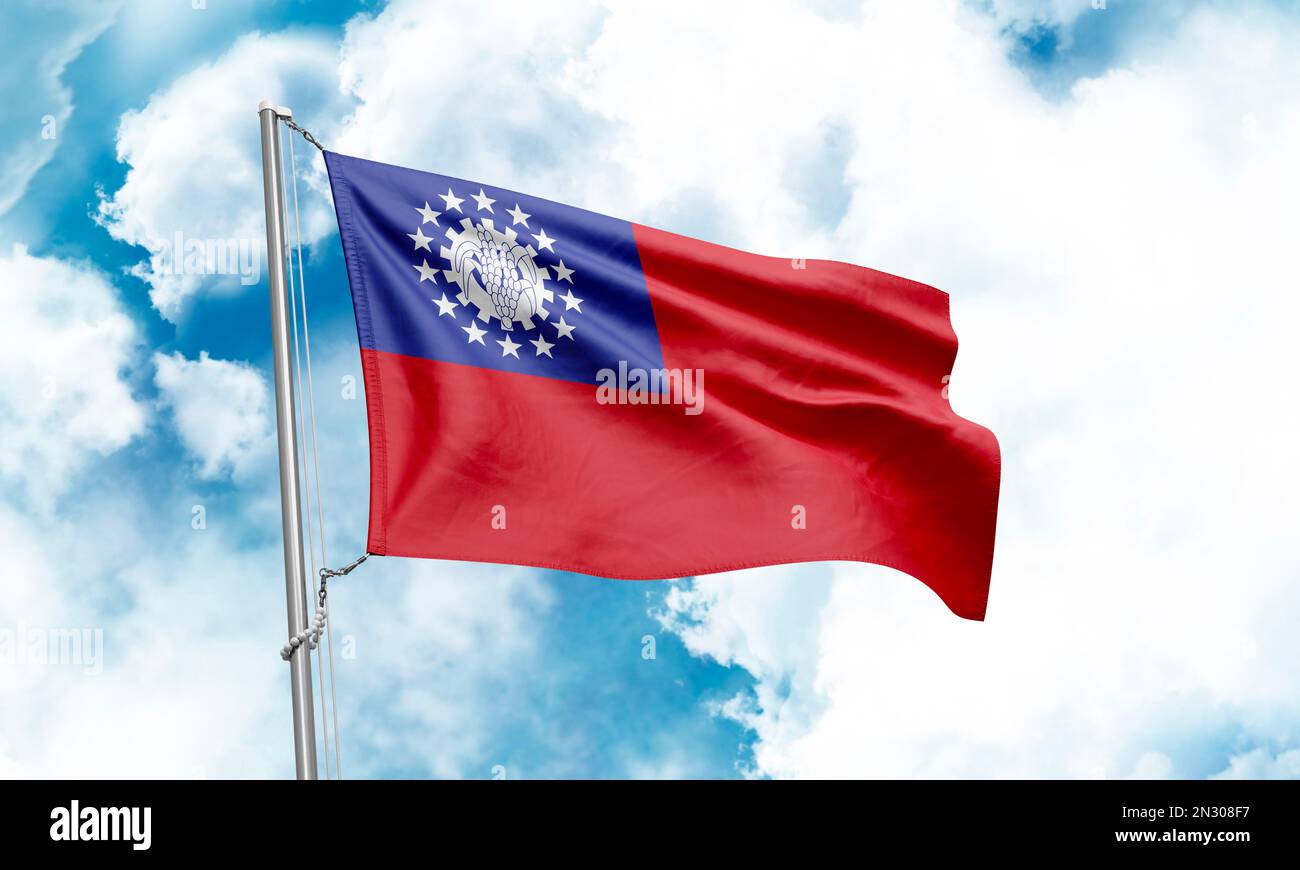 Myanmar-Burma flag waving on sky background. 3D Rendering Stock Photo ...