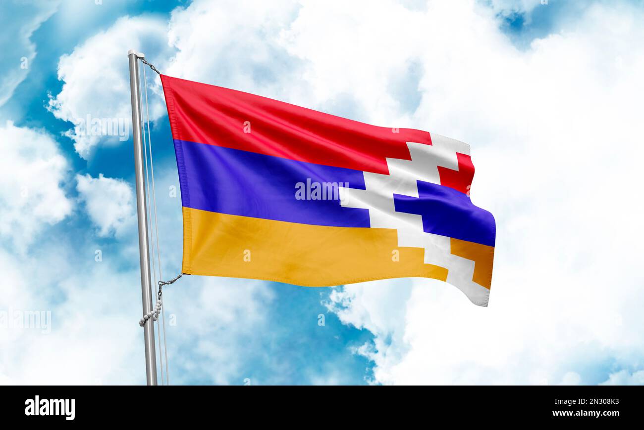 Nagorno-Karabakh Republic flag waving on sky background. 3D Rendering Stock Photo - Alamy