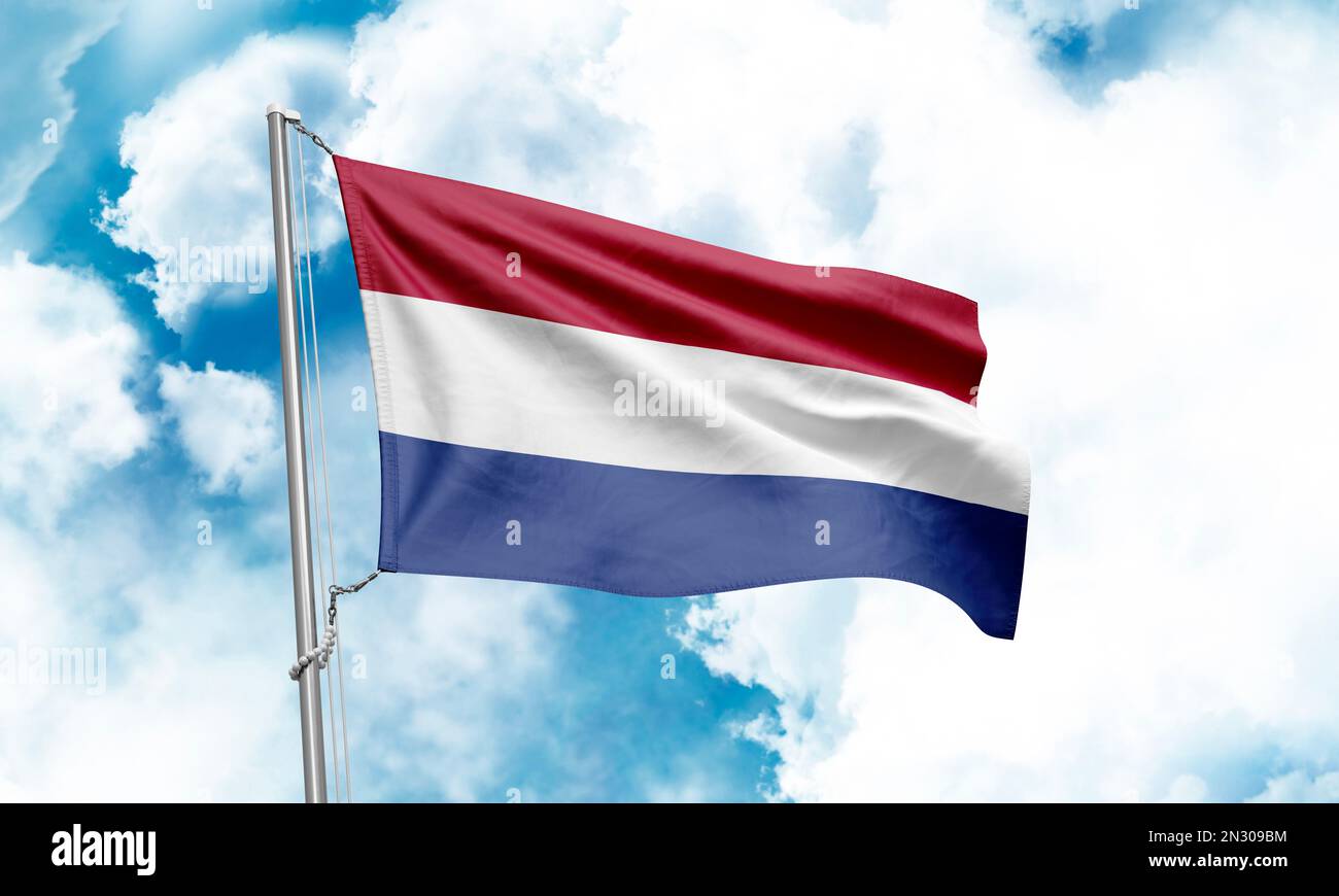 Netherlands flag waving on sky background. 3D Rendering Stock Photo - Alamy