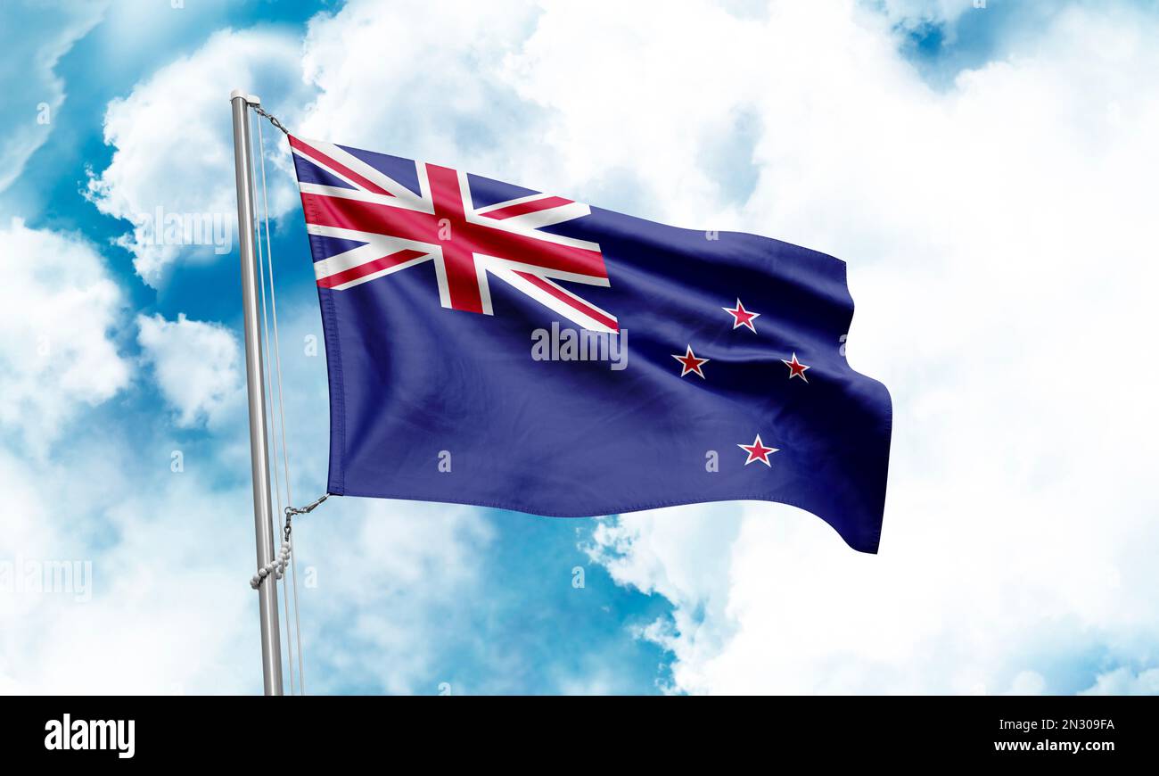 New Zealand flag waving on sky background. 3D Rendering Stock Photo - Alamy