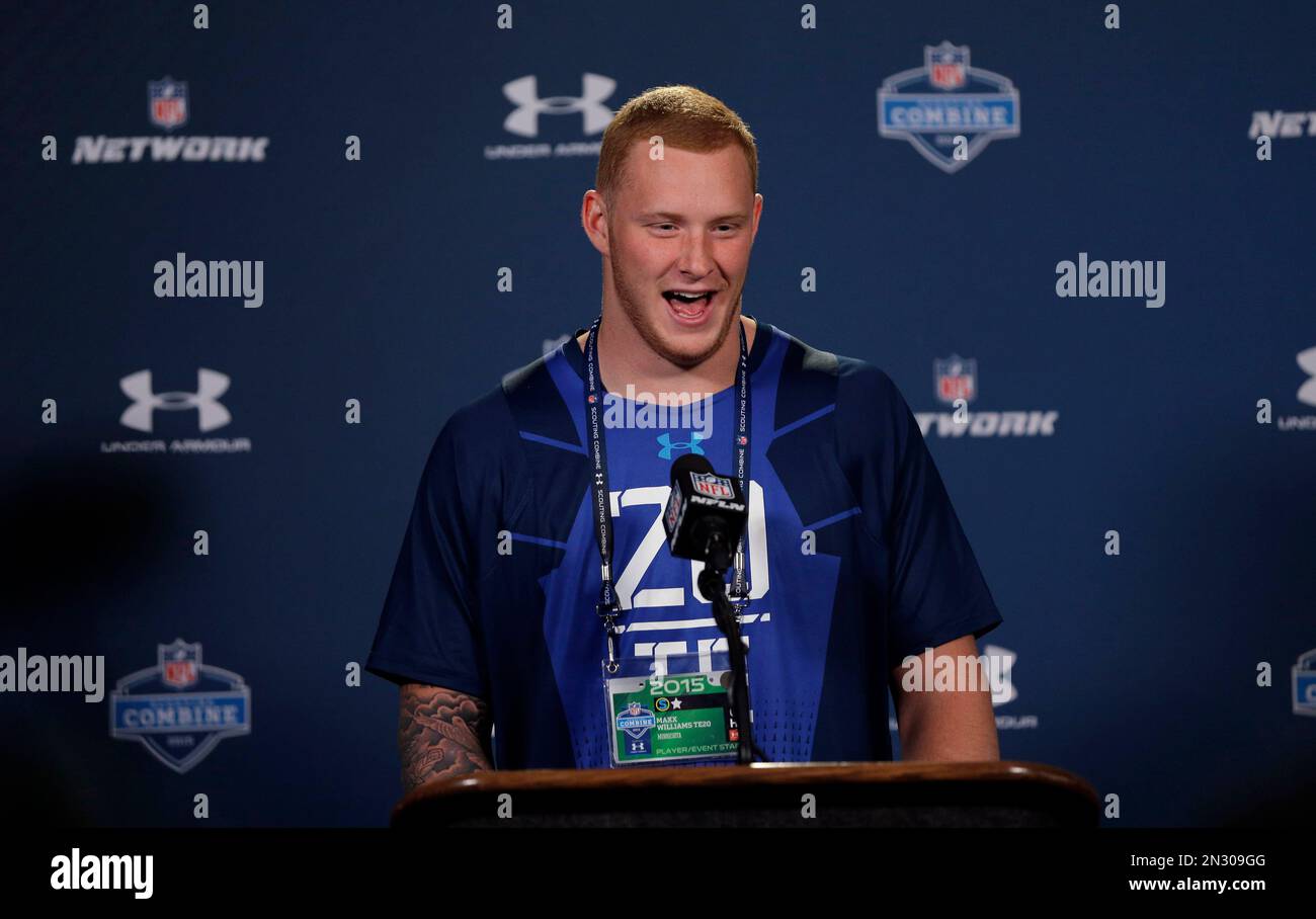 Minnesota tight end Maxx Williams answers a question during a news ...