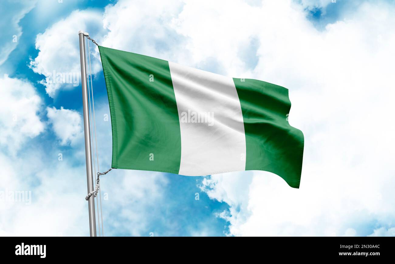 Nigeria flag waving on sky background. 3D Rendering Stock Photo - Alamy