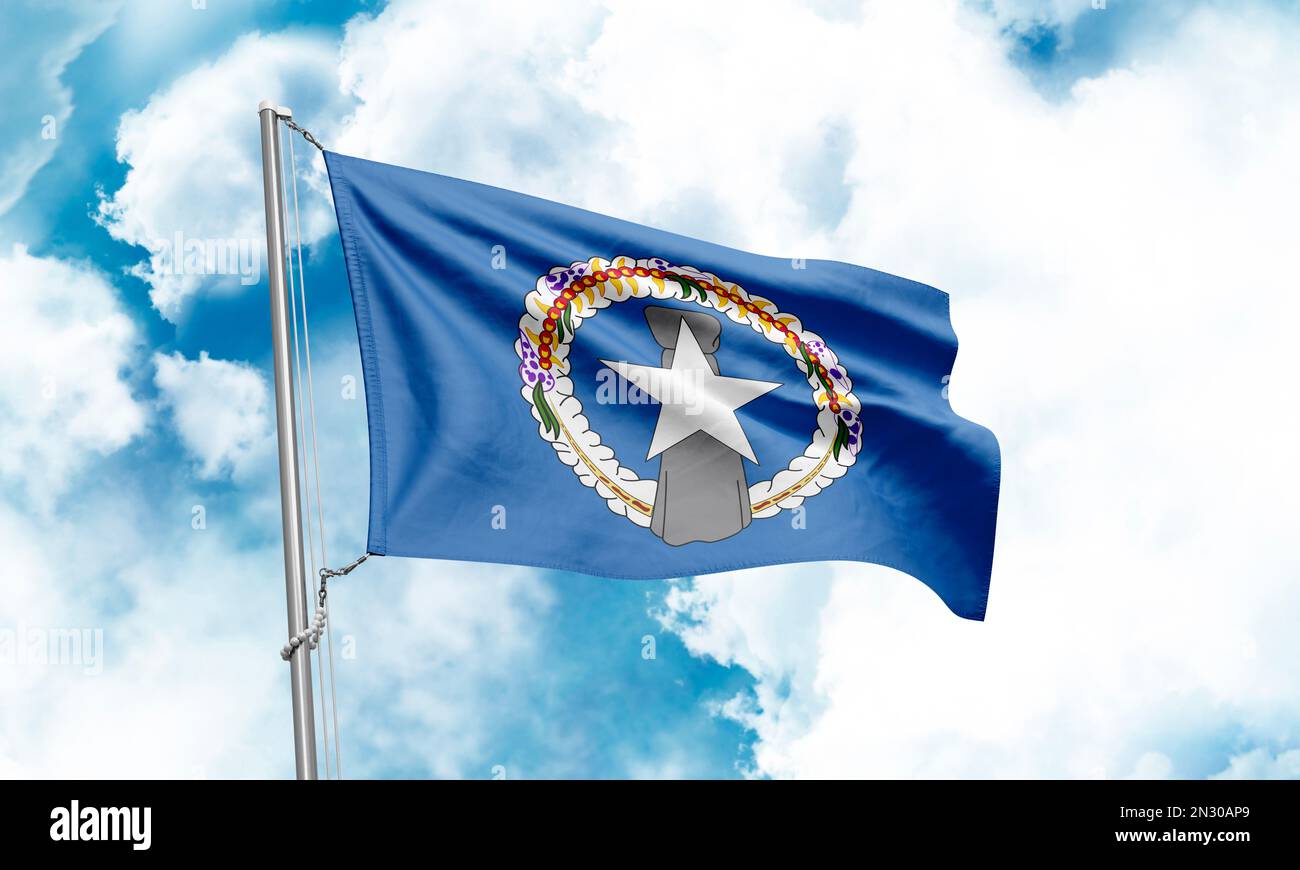 Northern Mariana Islands flag waving on sky background. 3D Rendering ...