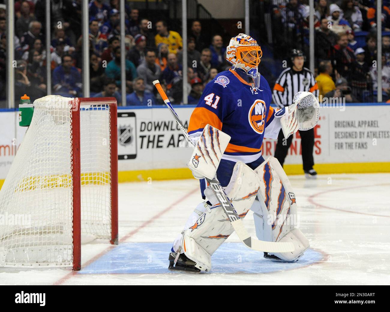 New York Islanders goalie Jaroslav Halak (41) watches the action down ...