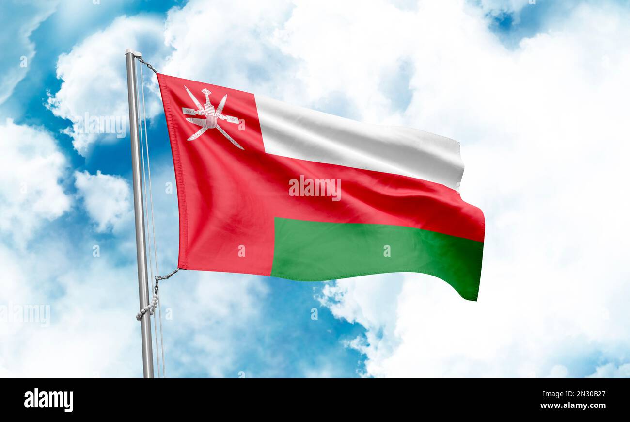 Oman flag waving on sky background. 3D Rendering Stock Photo - Alamy