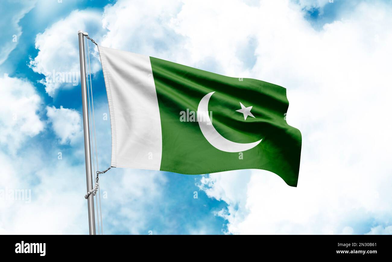 Pakistan flag waving on sky background. 3D Rendering Stock Photo - Alamy