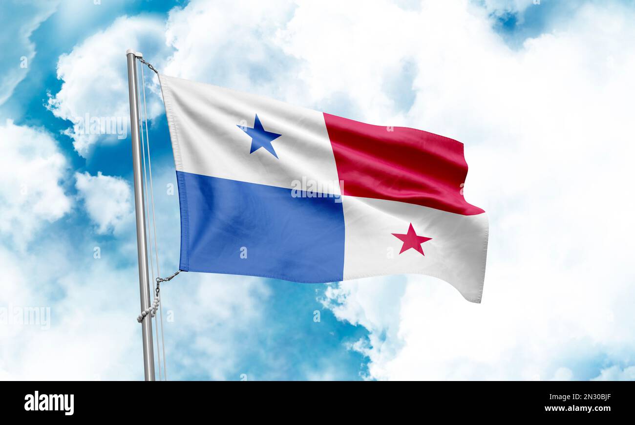 Panama flag waving on sky background. 3D Rendering Stock Photo - Alamy