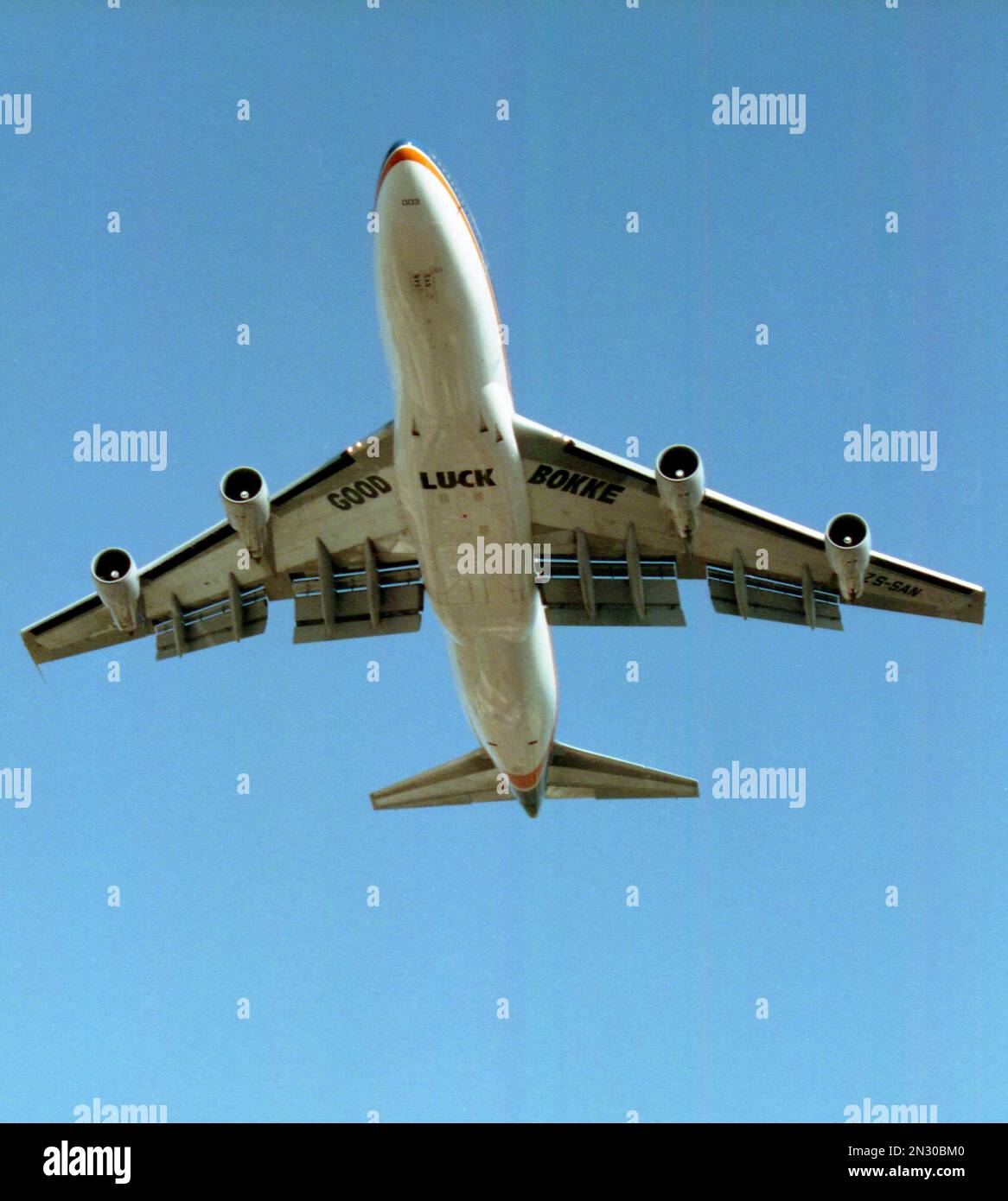 A South African aircraft with a Good Luck message on its lower fuselage ...