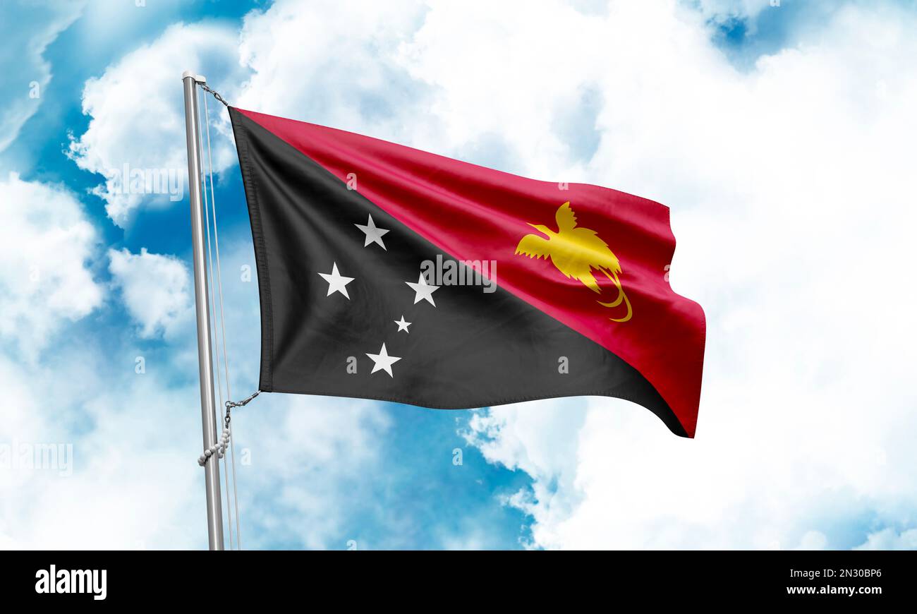 Papua New Guinea flag waving on sky background. 3D Rendering Stock ...