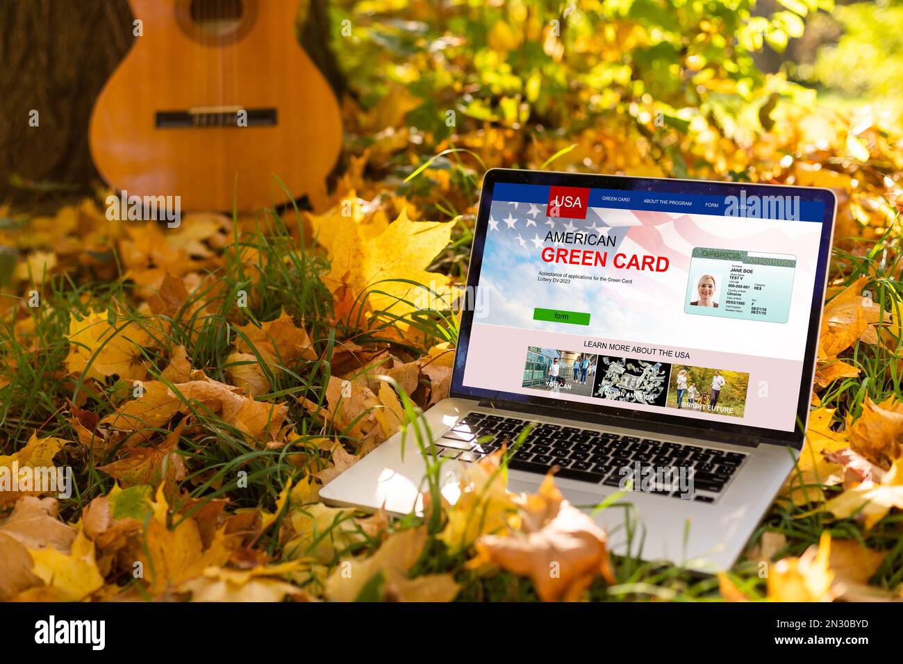 laptop with green cards Application Stock Photo - Alamy