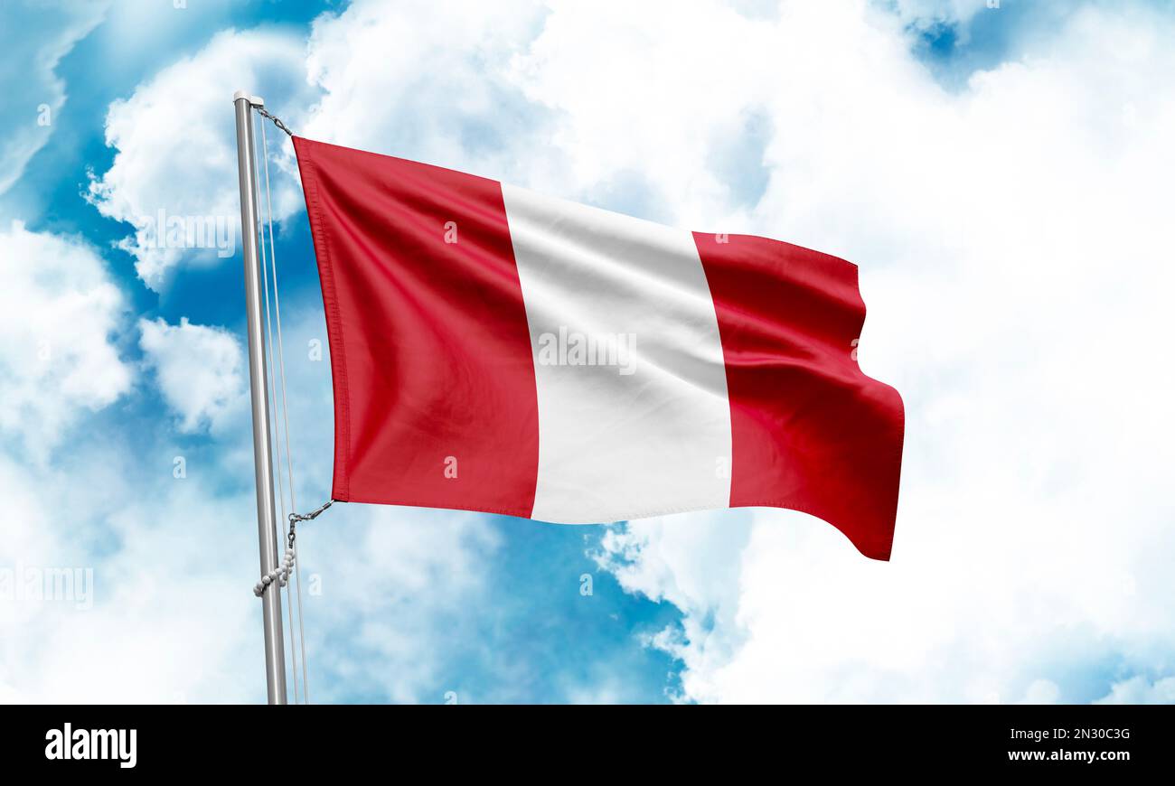 Peru flag waving on sky background. 3D Rendering Stock Photo - Alamy