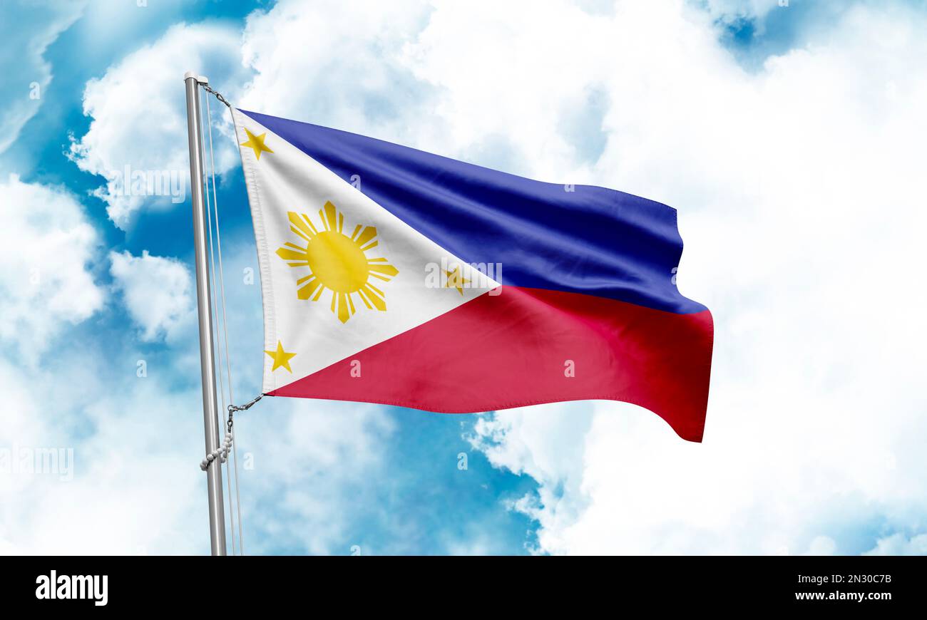 Philippines flag waving on sky background. 3D Rendering Stock Photo - Alamy