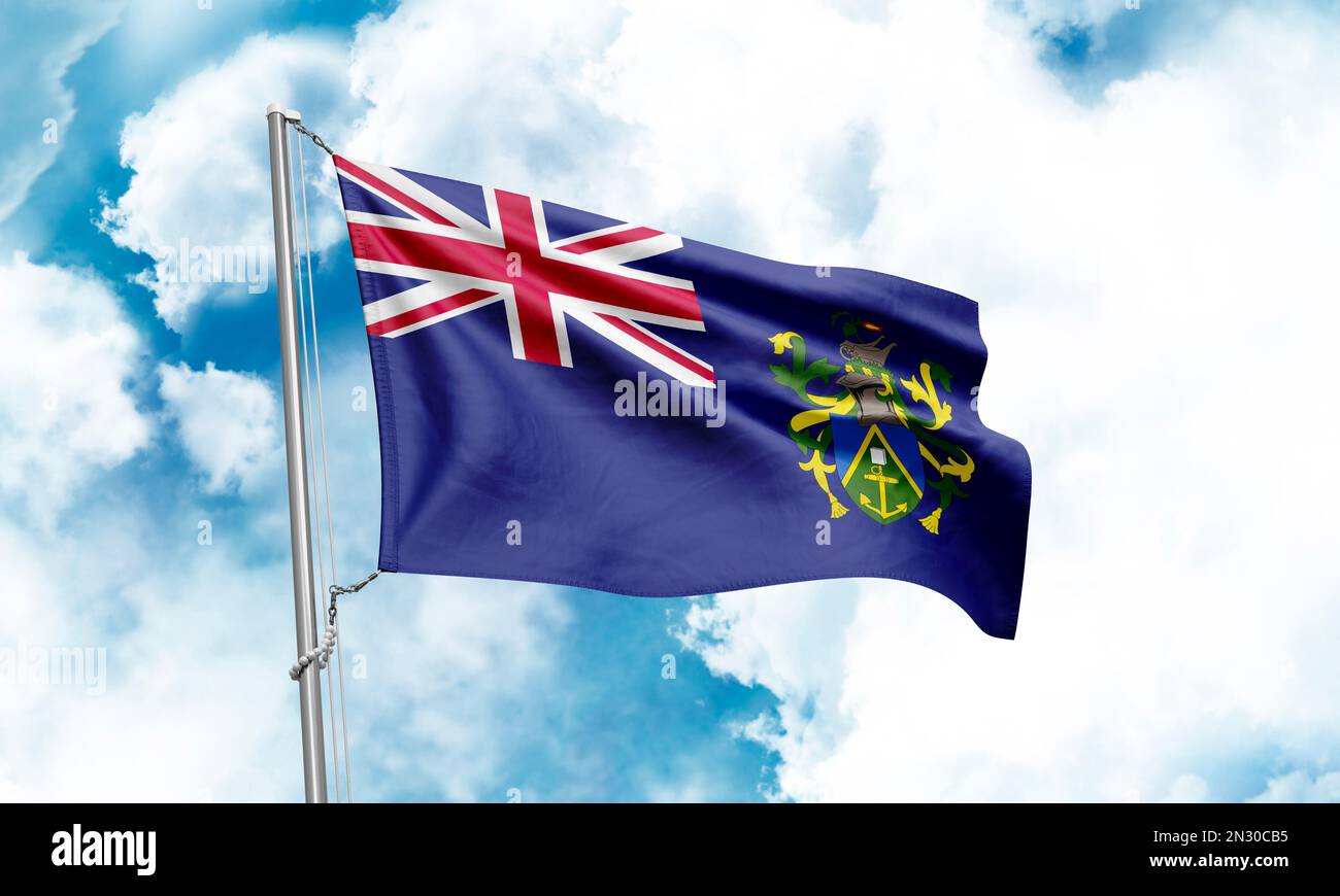 Pitcairn Islands flag waving on sky background. 3D Rendering Stock ...