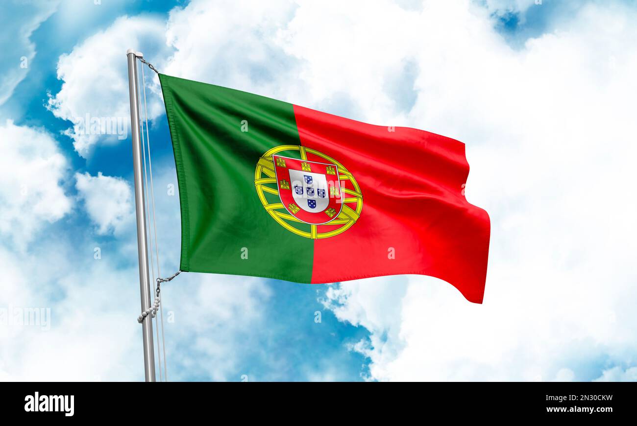 Portugal flag waving on sky background. 3D Rendering Stock Photo - Alamy