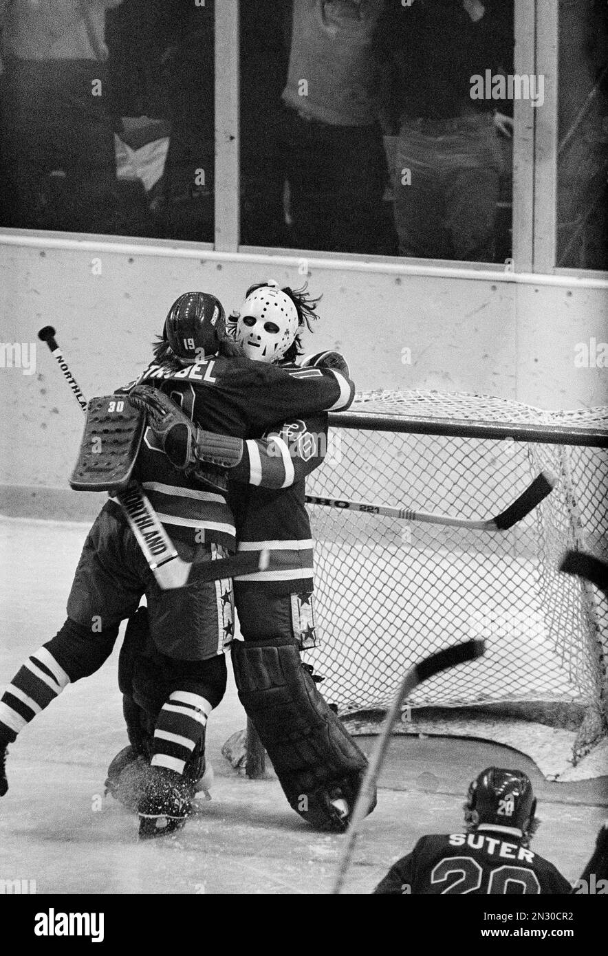 FILE --In this Feb. 24, 1980 photo, U.S. players Eric Strobel and ...
