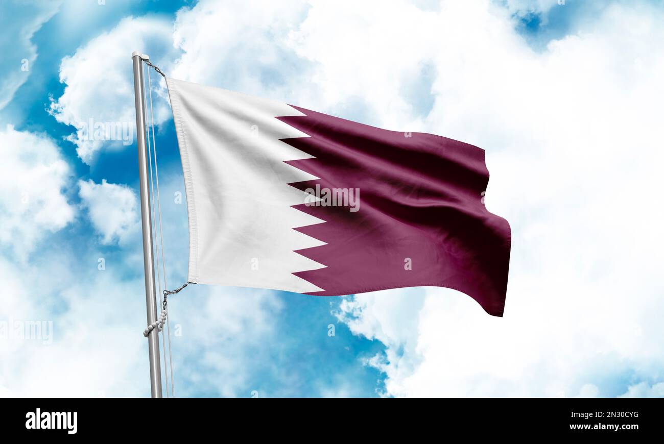 Qatar flag waving on sky background. 3D Rendering Stock Photo - Alamy