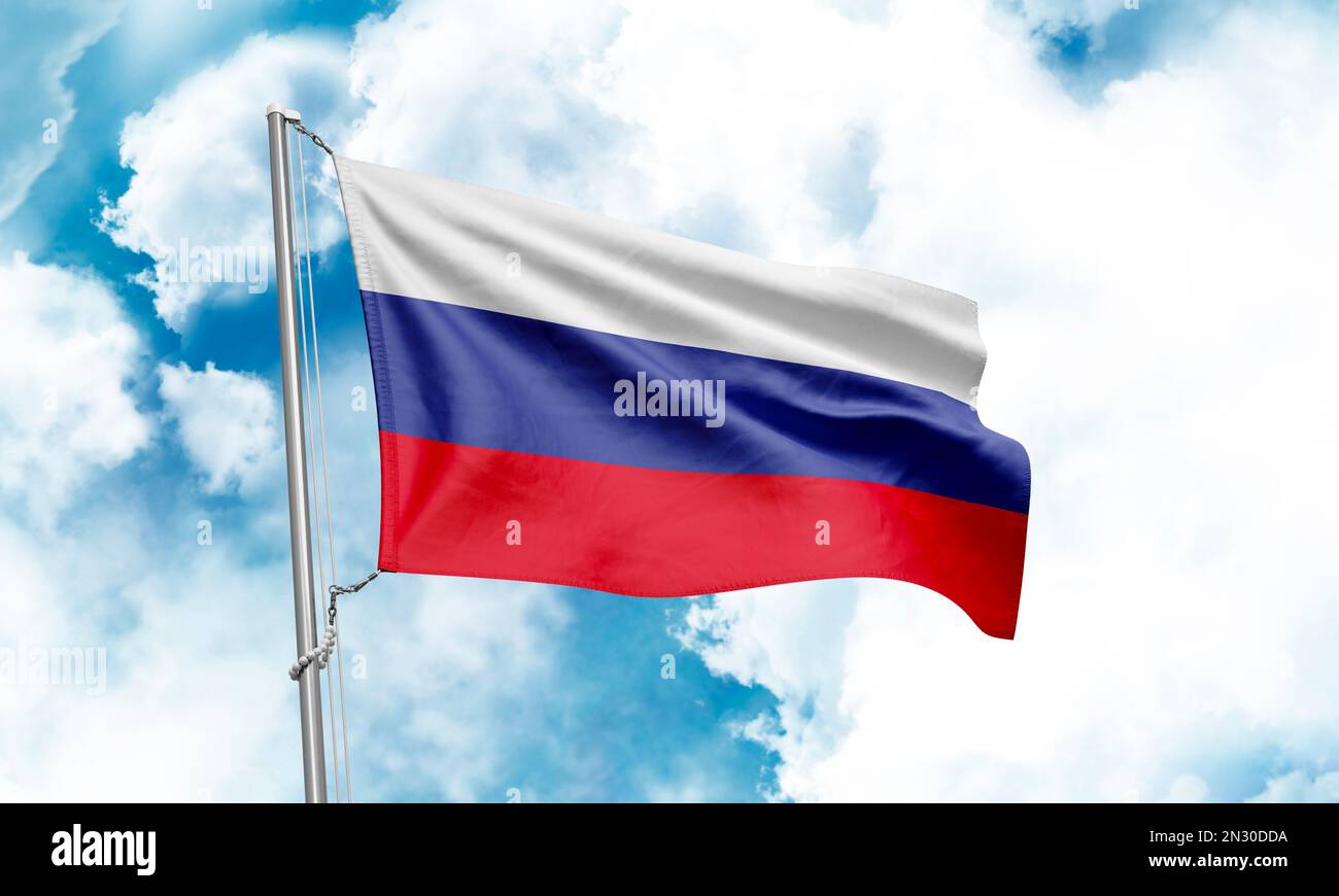 Russia flag waving on sky background. 3D Rendering Stock Photo - Alamy