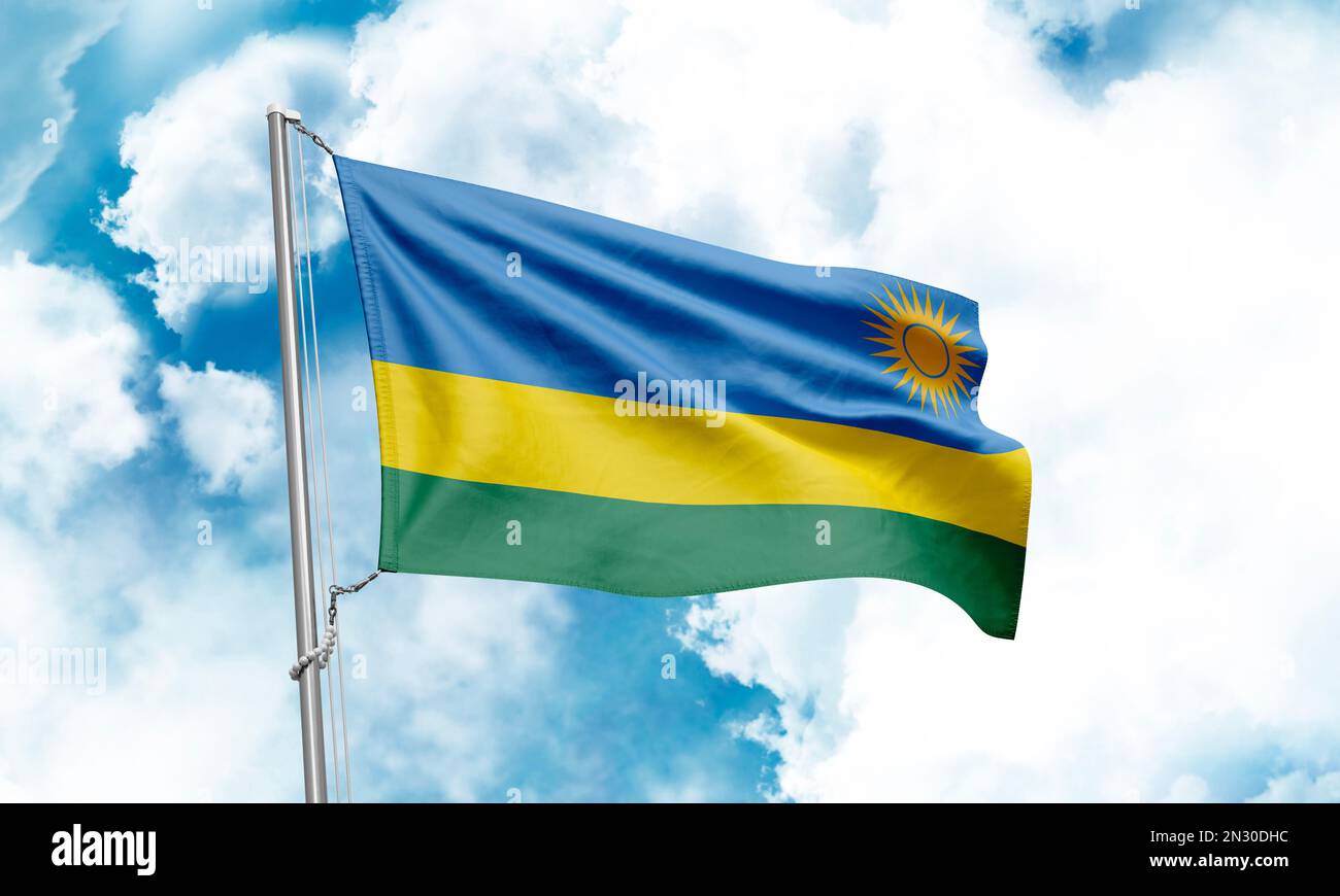 Rwanda flag waving on sky background. 3D Rendering Stock Photo - Alamy