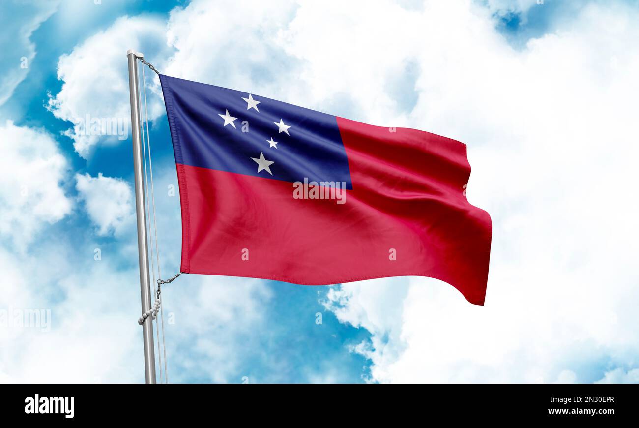 Samoa flag waving on sky background. 3D Rendering Stock Photo - Alamy