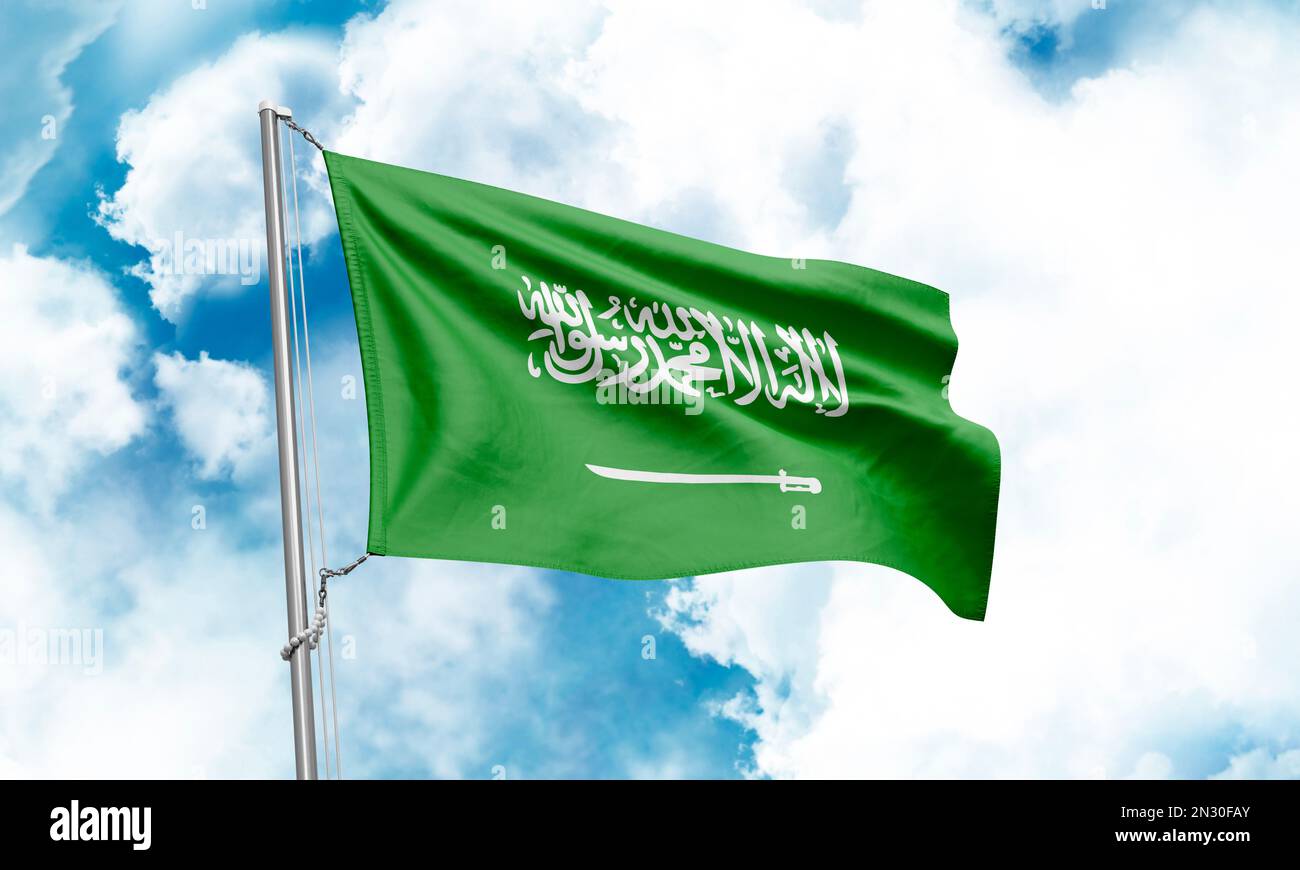 Saudi Arabia flag waving on sky background. 3D Rendering Stock Photo ...
