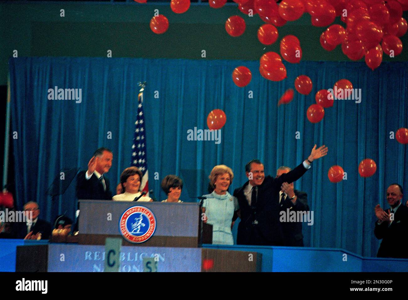 Red balloons fall after Richard Nixon was nominated as presidential ...