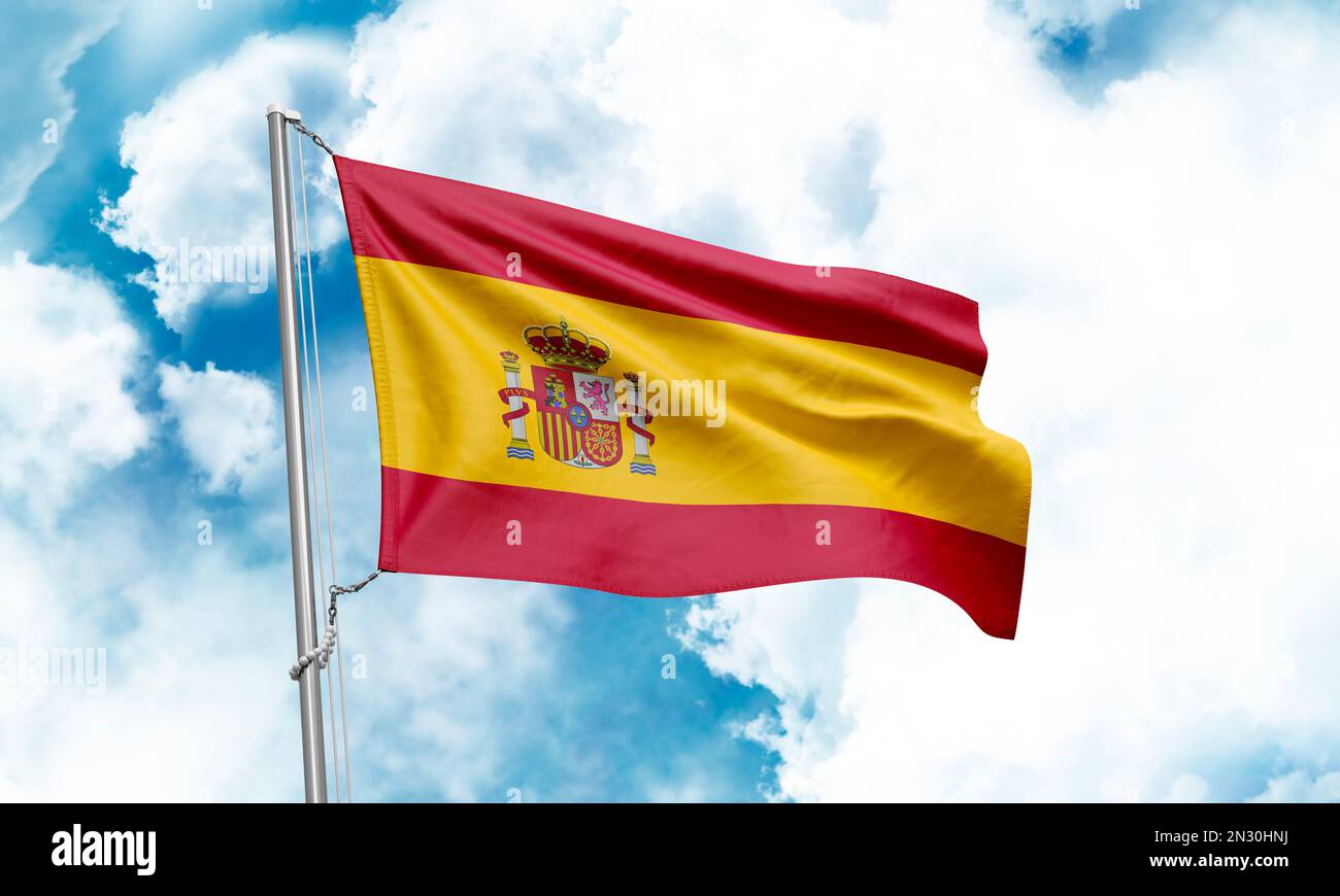 Spain flag waving on sky background. 3D Rendering Stock Photo - Alamy