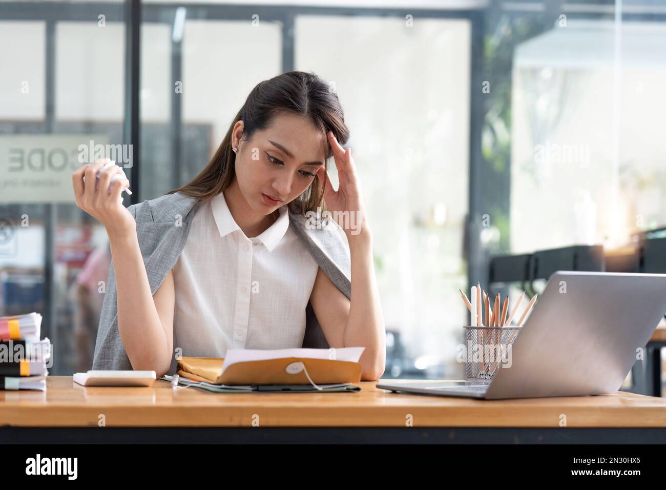 Business woman feeling stress, burnout, upset about job failure ...
