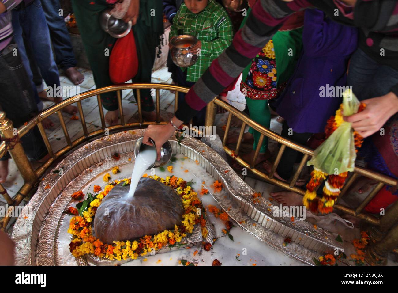 Devotees pour milk on a Shivling, an idol symbolic of Hindu god Shiva ...