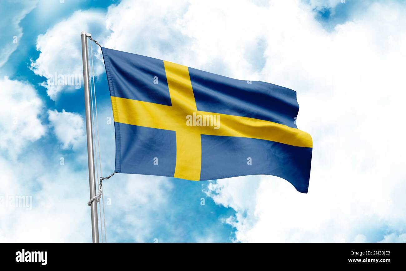 Sweden flag waving on sky background. 3D Rendering Stock Photo - Alamy