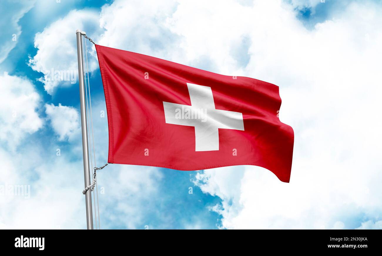 Switzerland flag waving on sky background. 3D Rendering Stock Photo - Alamy