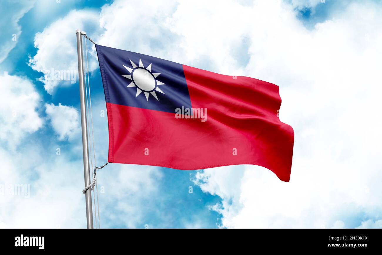 Taiwan flag waving on sky background. 3D Rendering Stock Photo - Alamy