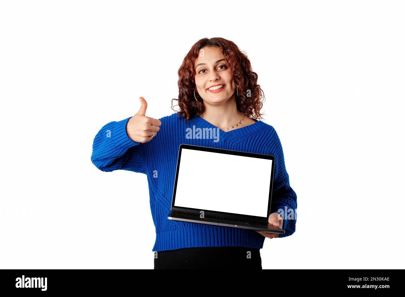 Young woman wearing blue pullover sweater isolated over white ...