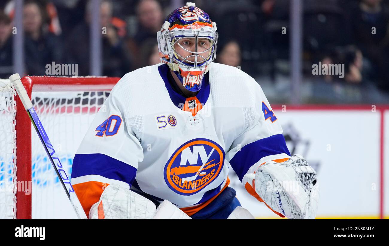 New York Islanders' Semyon Varlamov plays during an NHL hockey game ...