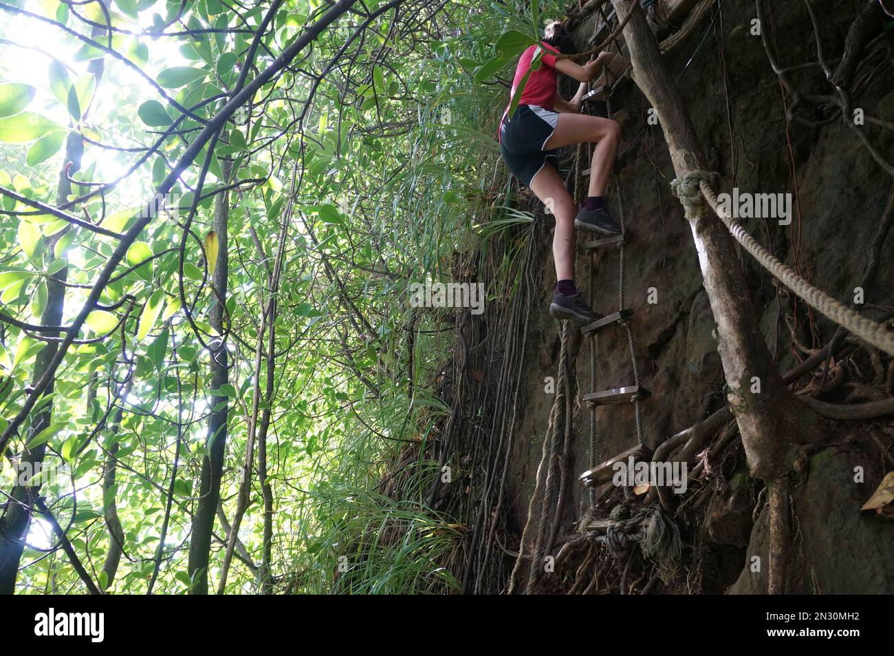 This January 2015 photo shows a hiker on the Wavine Cyrique cliff trail ...