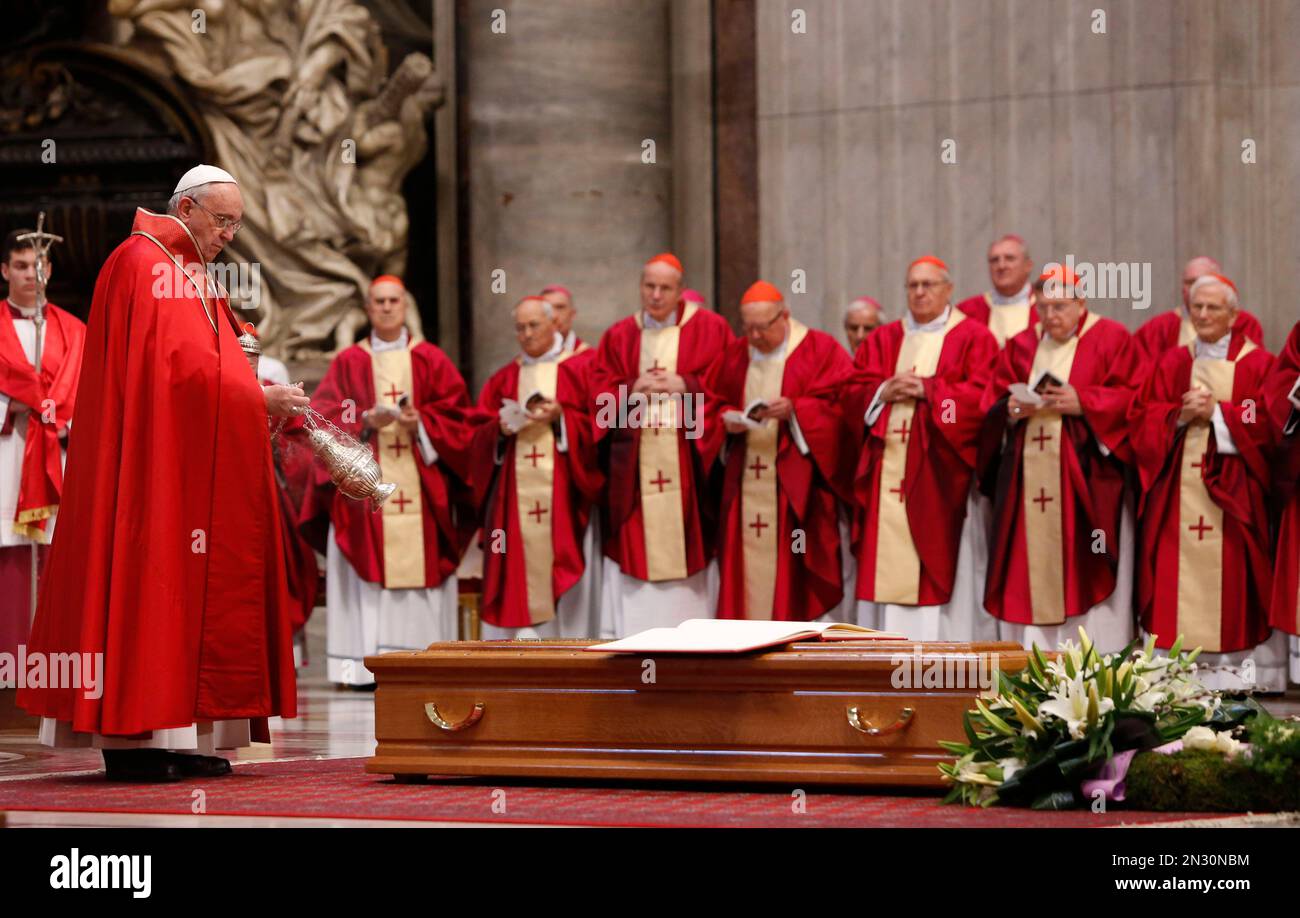 Pope Francis blesses the coffin of Cardinal Karl Josef Becker at the ...