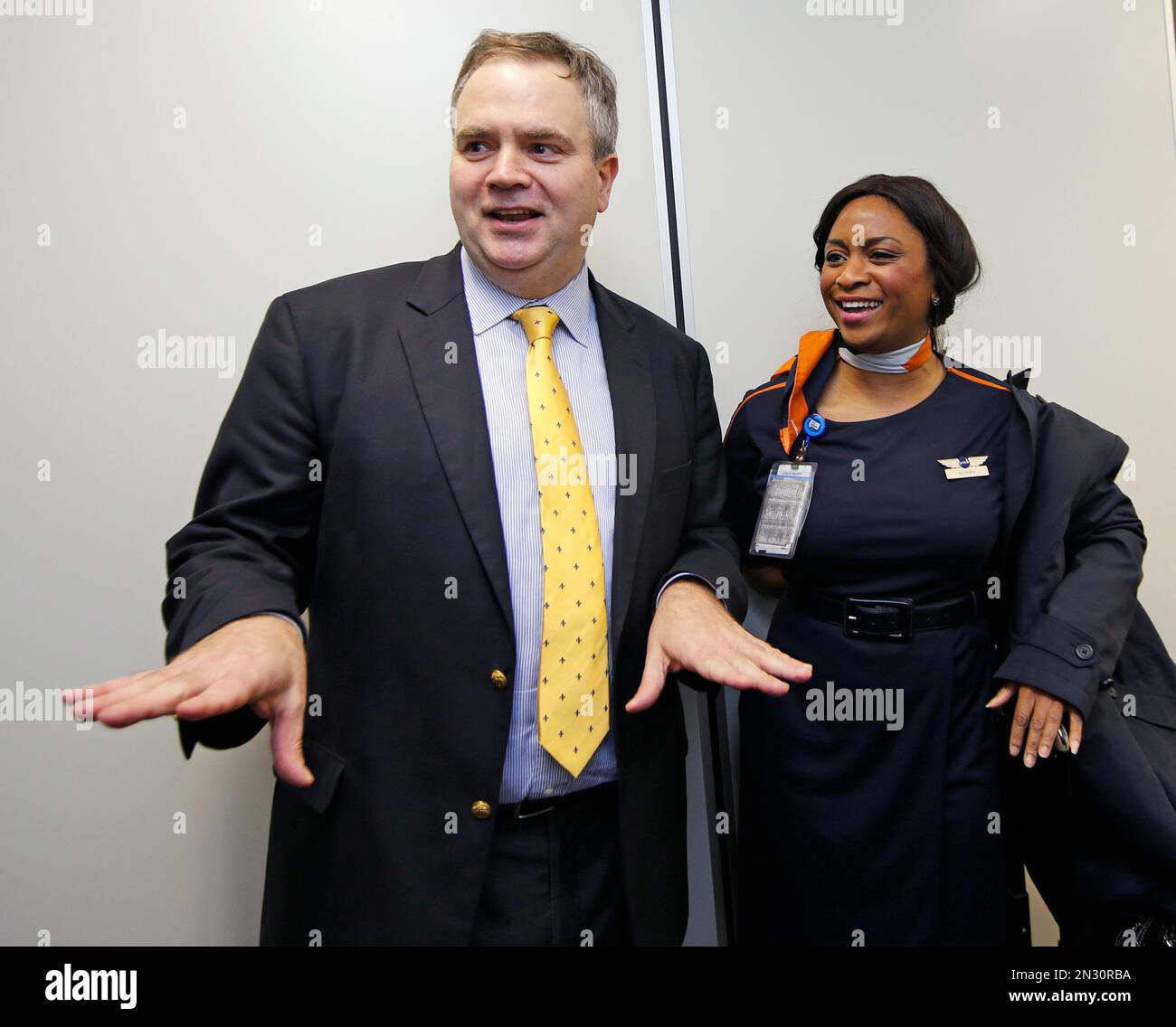 In this Feb. 5, 2015 photo, JetBlue's incoming CEO Robin Hayes, left ...