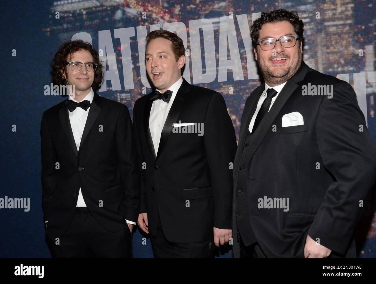 Kyle Mooney, from left, Beck Bennett and Bobby Moynihan arrive at the ...